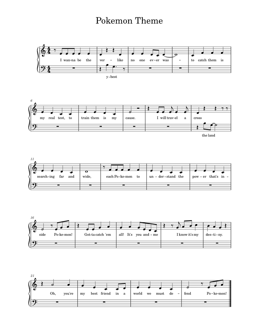 Pokemon theme – Jason Paige TWA Pokemon Theme Sheet Music for Piano ...