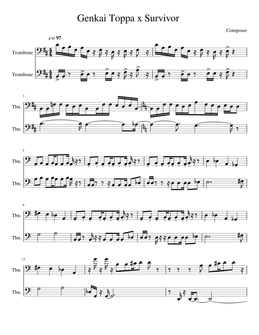 Genkai Toppa X Survivor Sheet Music For Trombone Brass Duet