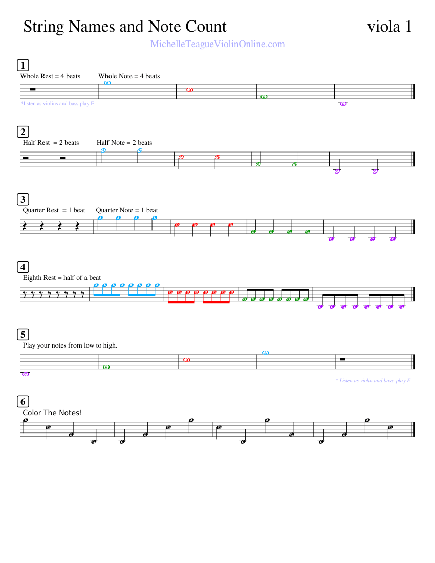 String Names and Note Count_ My Colorful Note Book_page 1 viola Sheet ...
