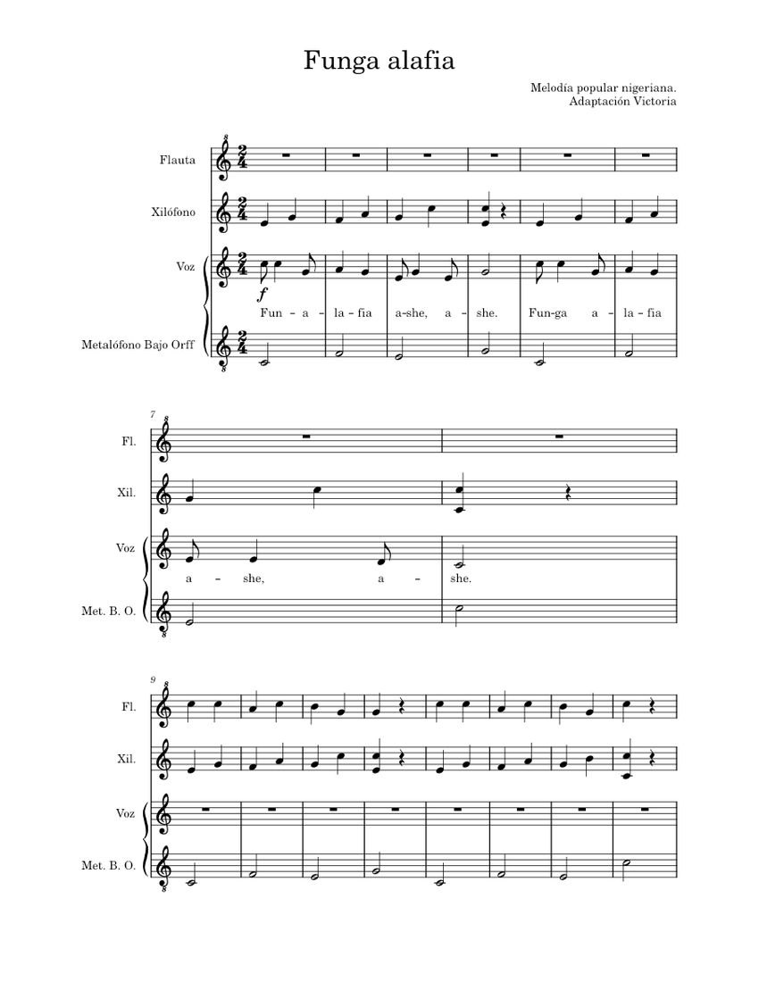 Funga alafia con acompañamiento y flauta Sheet music for Piano ...