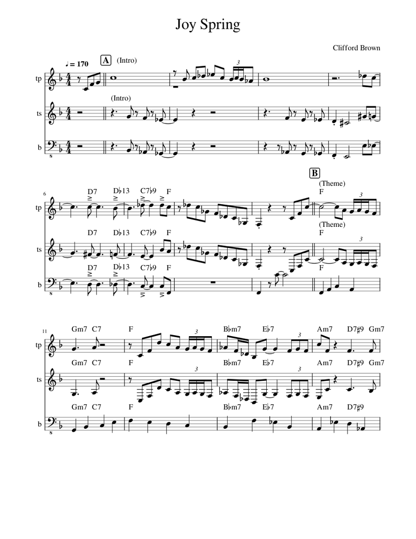 Joy Spring Sheet Music for Saxophone tenor, Trumpet in b-flat, Bass guitar (Jazz Band ...