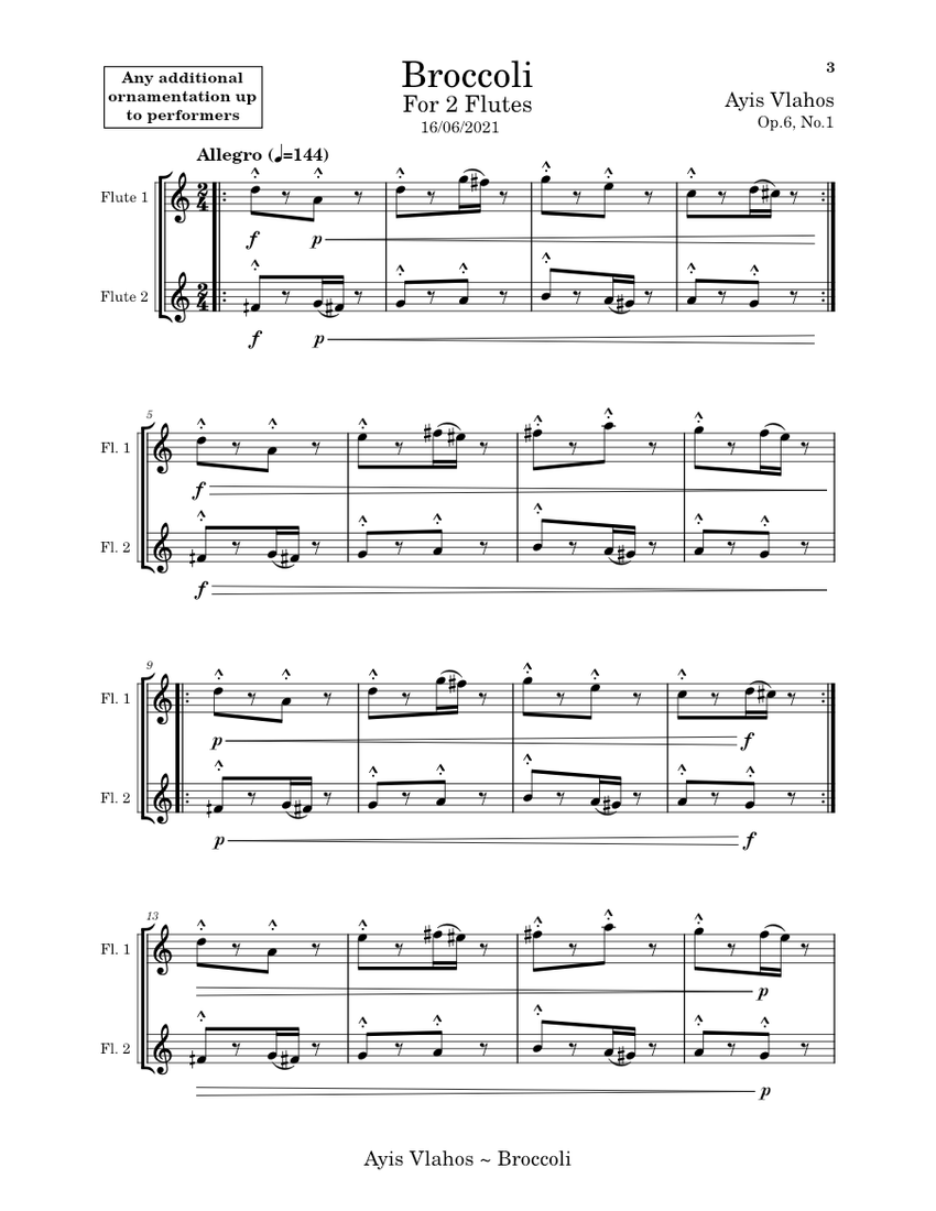 Broccoli, Op.6, No.1 Sheet music for Flute (Woodwind Duet) | Musescore.com