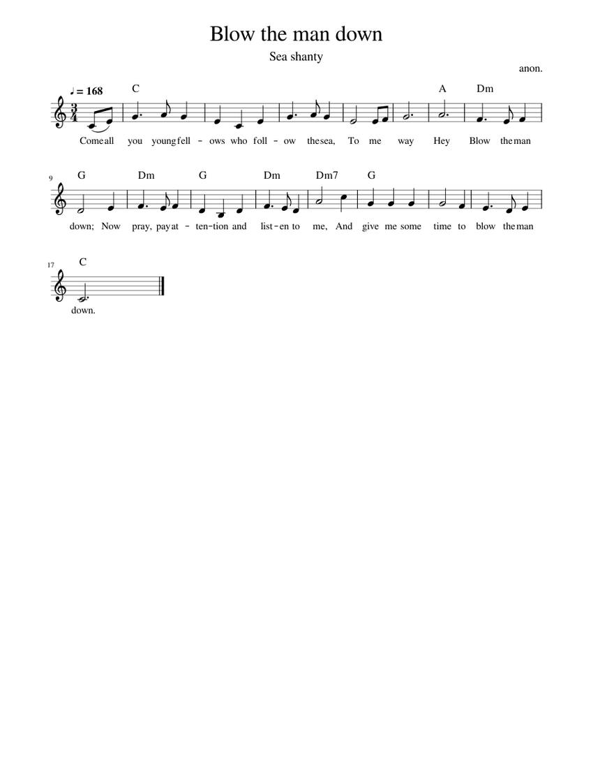 Blow the man down Sheet Music with Chords for Piano (Solo) easy ...