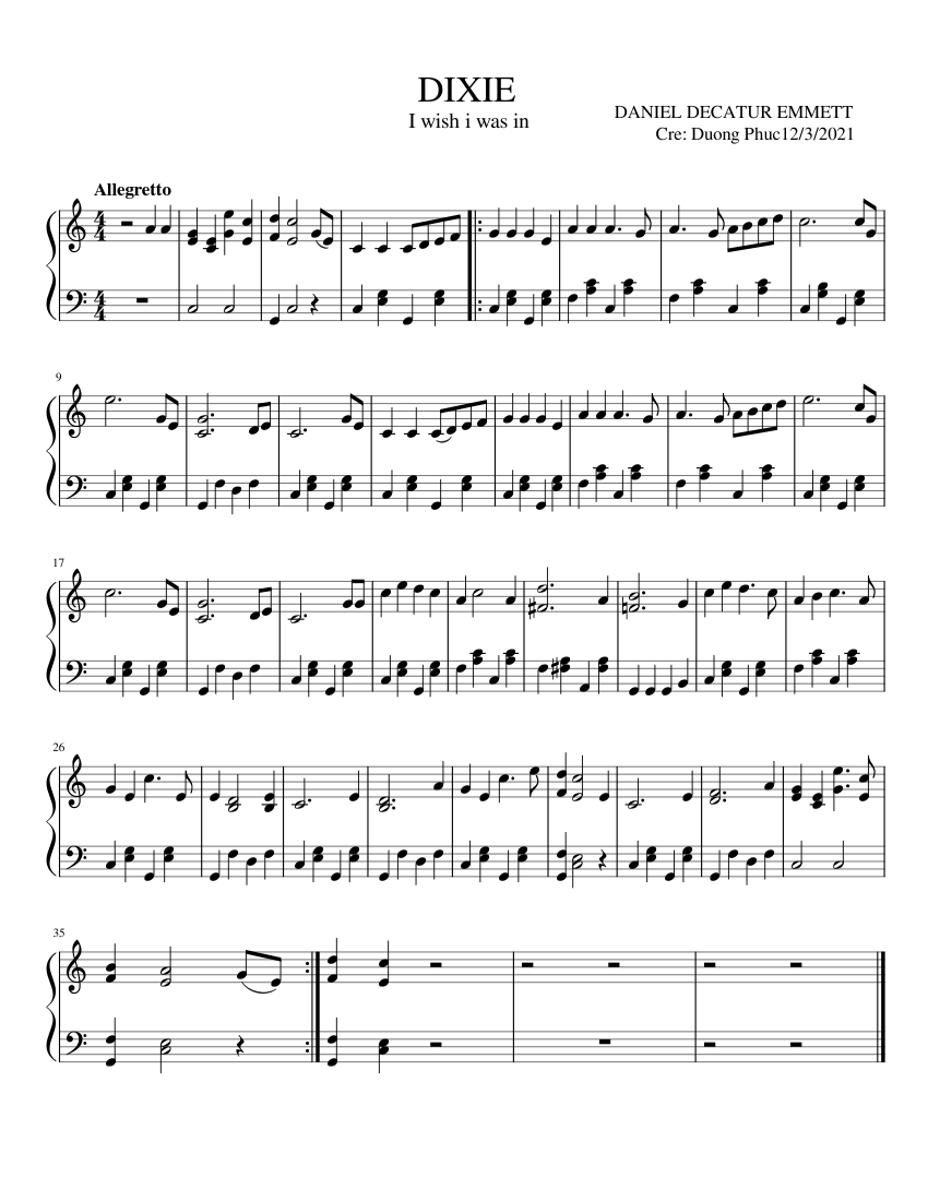 DIXIE Sheet music for Piano (Solo) Easy | Musescore.com