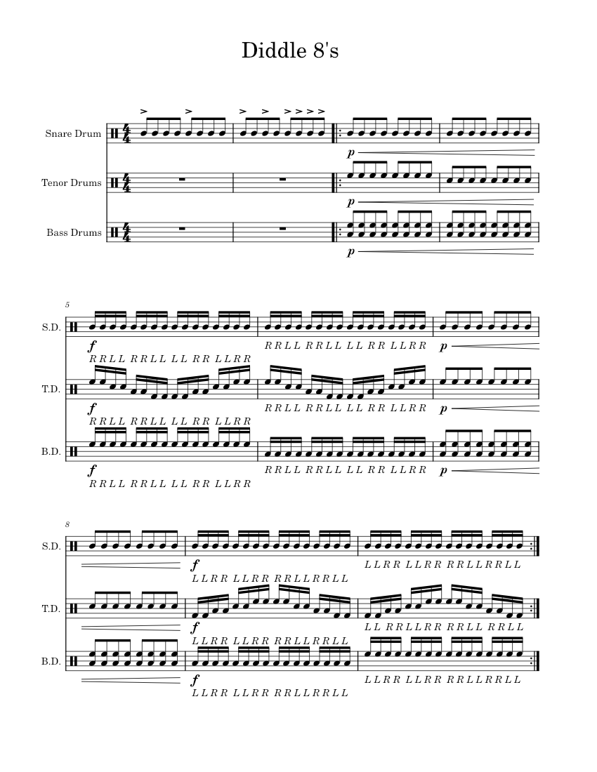 Diddle 8's Sheet music for Snare drum, Tenor drum, Bass drum (Marching ...