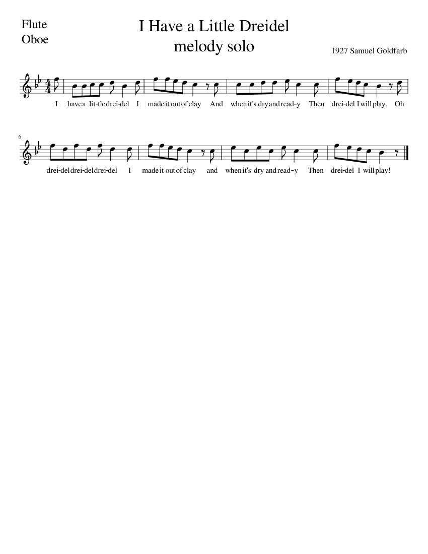 I Have a Little Dreidel melody solo flute oboe Sheet Music for Flute ...