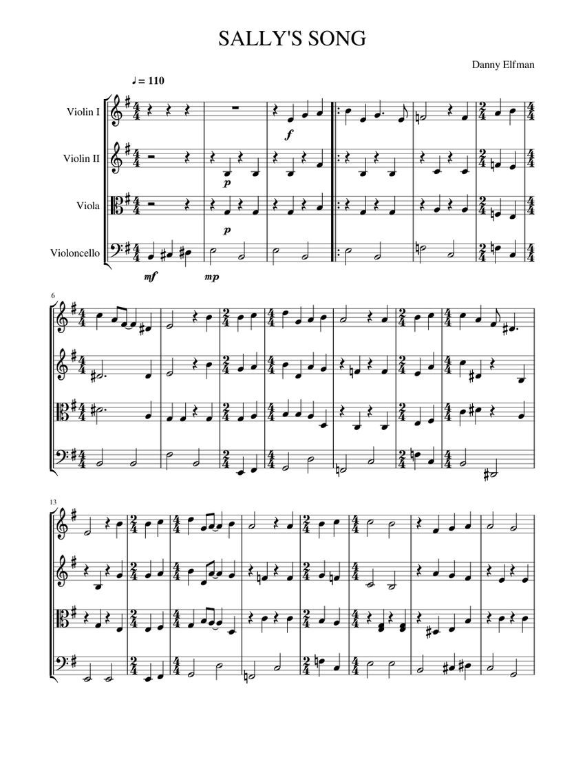 SALLY'S SONG Sheet music for Violin, Viola, Cello (String Quartet ...