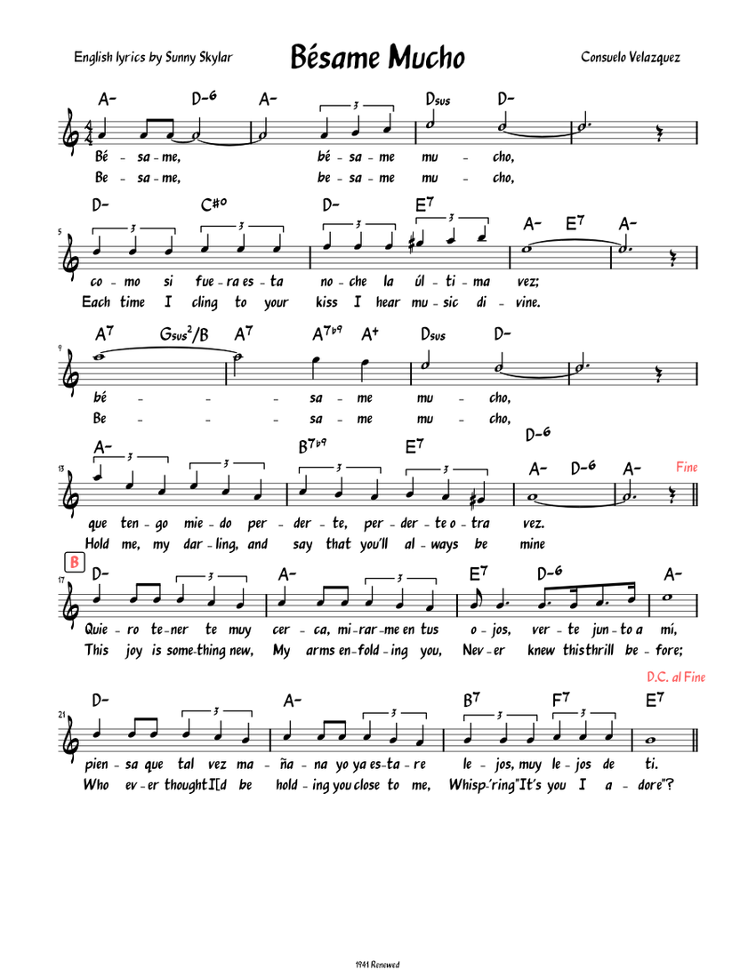 Besame Mucho (Lead sheet with lyrics ) Sheet Music with Chords for ...
