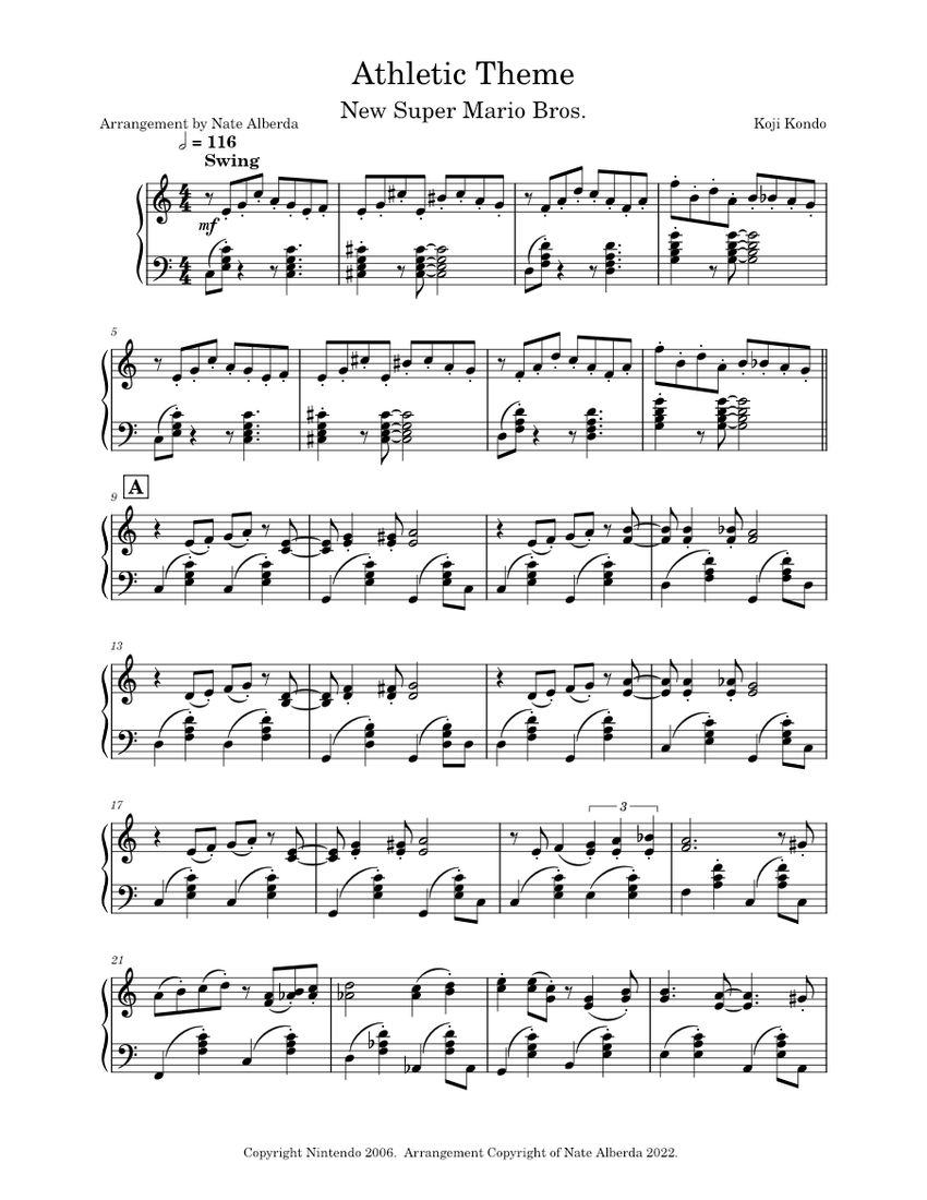 Athletic Theme - New Super Mario Bros. – Koji Kondo Sheet Music for ...