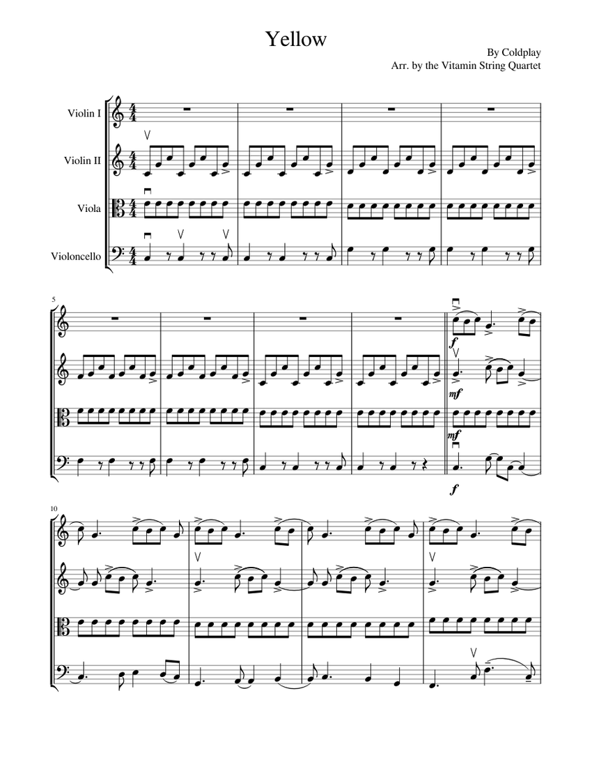 Yellow by Coldplay Sheet Music for Violin, Viola, Cello (String Quartet ...