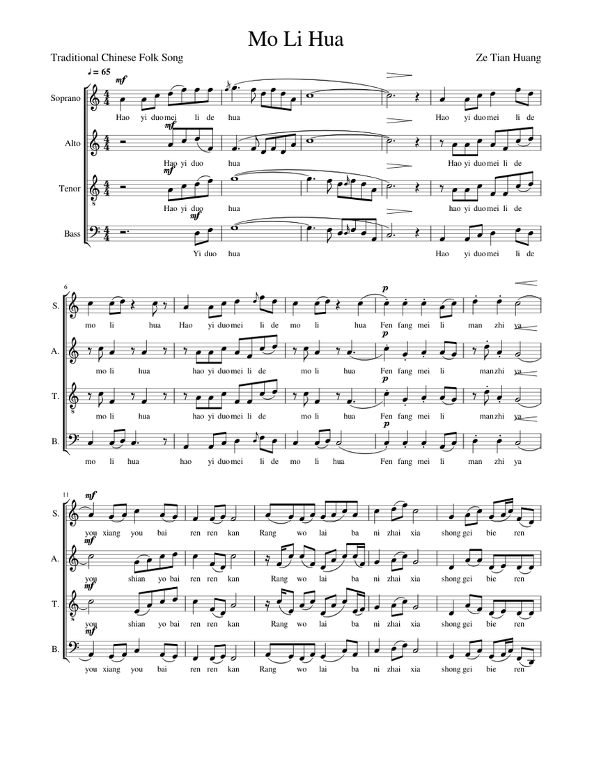 Mo Li Hua Final Sheet Music for Soprano, Alto, Tenor, Bass voice ...