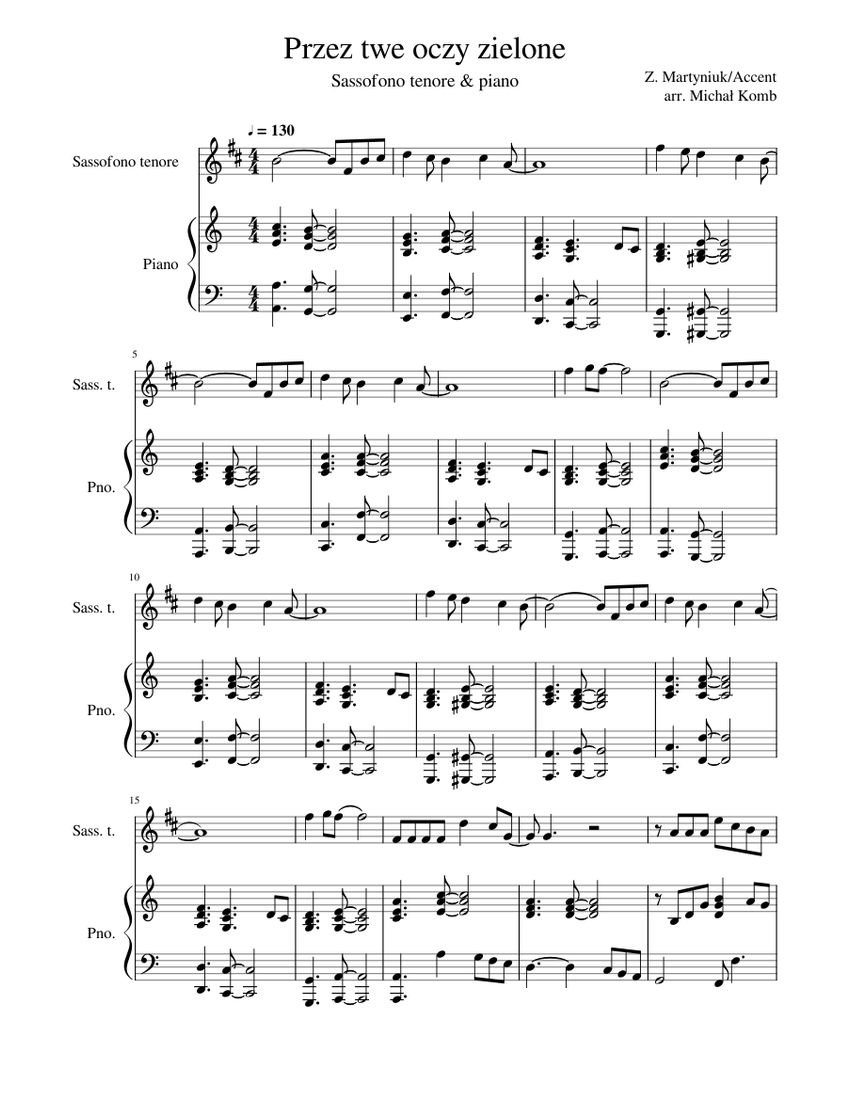 Przez twe oczy zielone for sax and piano (cover) Sheet Music for Piano, Saxophone tenor (Solo ...