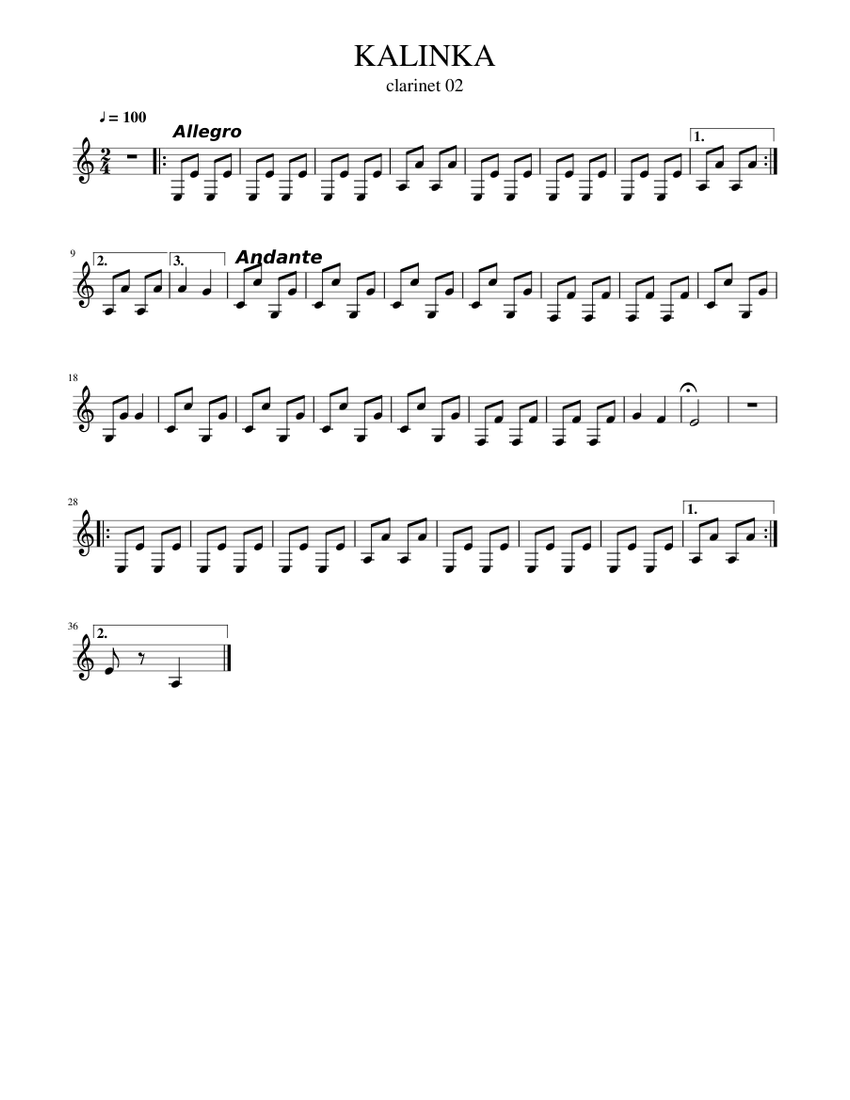 KALINKA Sheet Music for Clarinet in b-flat (Solo) | MuseScore.com