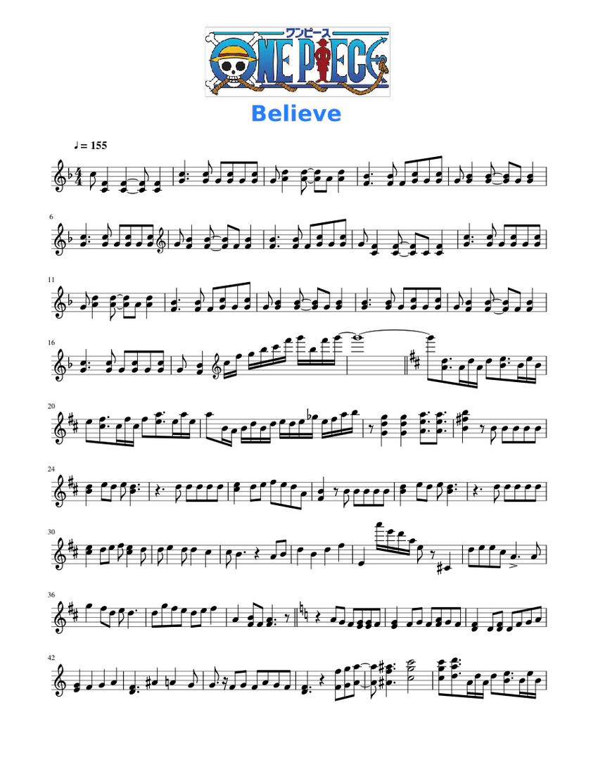 One Piece Opening 2 Believe flute flauta - piano tutorial