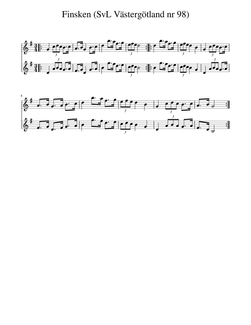 Finsken (SvL Västergötland nr 98) Sheet music for Piano (Piano Duo ...