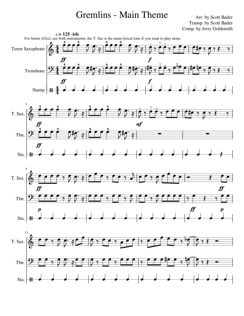 Gremlins - Main Theme Sheet Music for Trombone, Saxophone tenor, Stamp ...