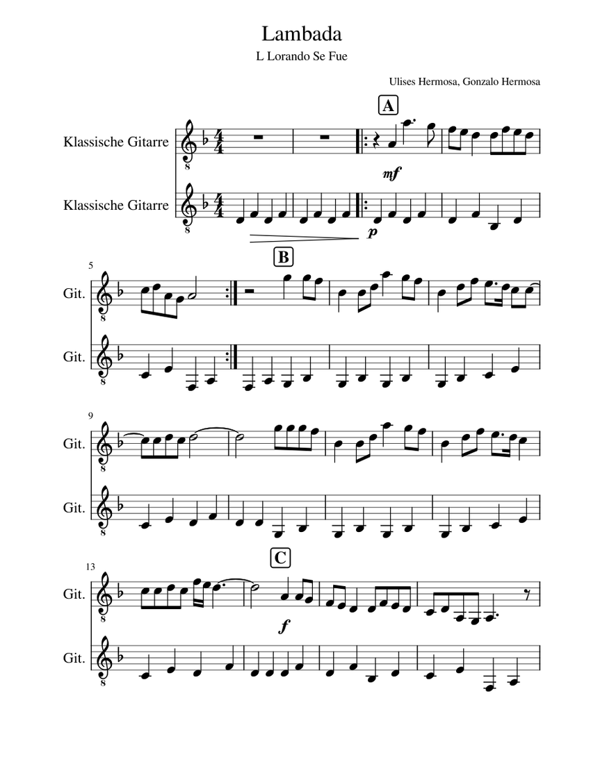 Lambada Sheet Music for Guitar (Mixed Duet) | MuseScore.com