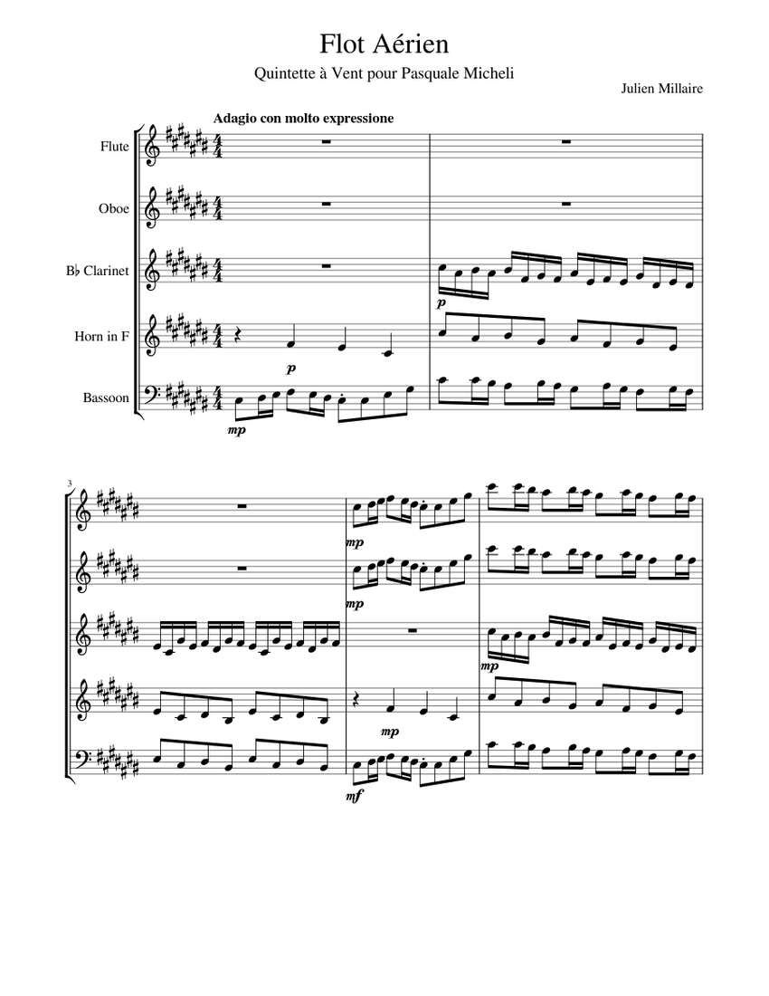 Flot Aérien Sheet music for Flute, Oboe, Clarinet in b-flat, Bassoon ...