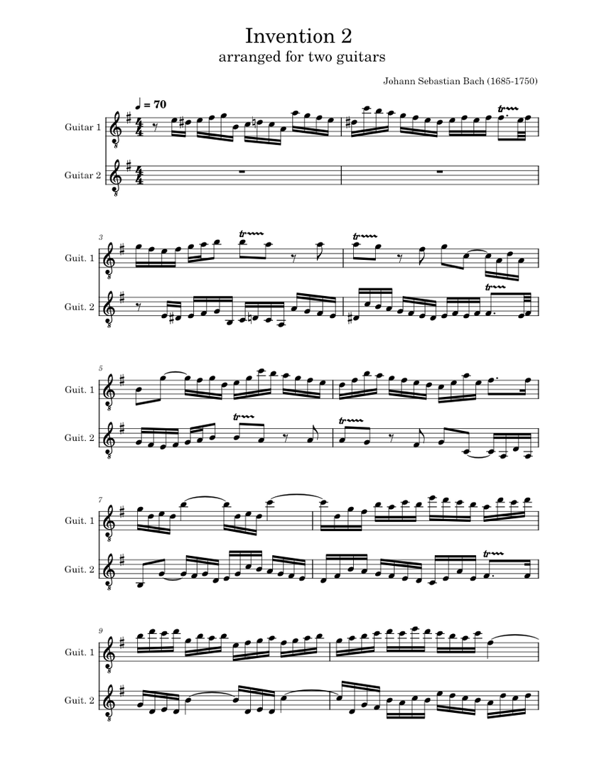 Invention 2 | Johann Sebastian Bach Sheet Music for Guitar (String Duet ...