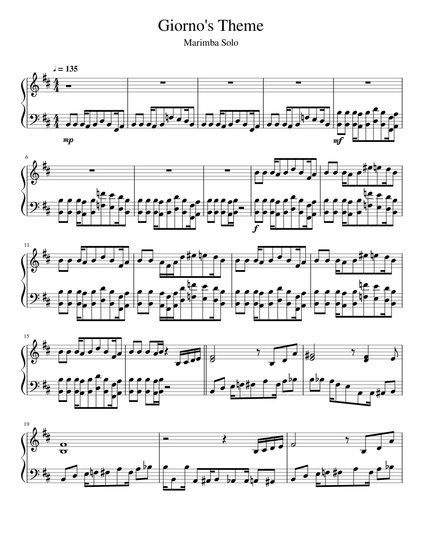 Giorno's Theme Marimba Solo Sheet Music for Marimba (Solo) | MuseScore.com