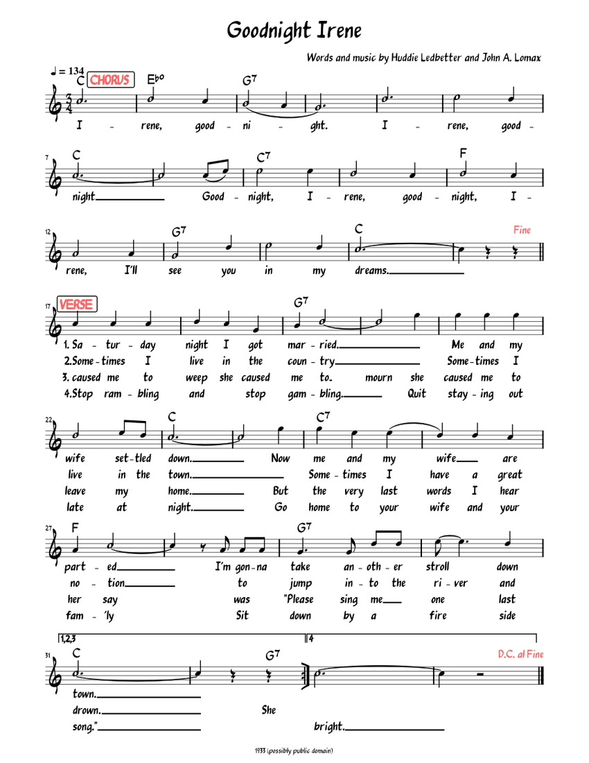 Goodnight Irene (lead sheet with lyrics) Sheet music for Piano (Solo ...