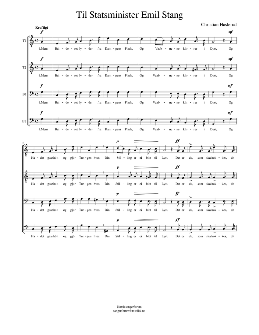 Til Statsminister Emil Stang Sheet music for Tenor, Bass voice (Choral ...