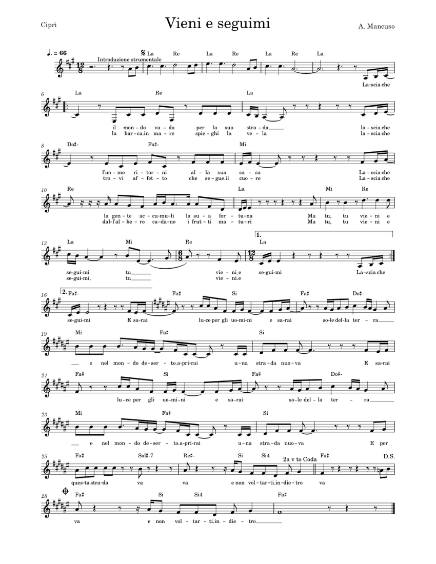 Vieni e seguimi – CIprì - A. Mancuso Sheet music for Vocals (Church ...