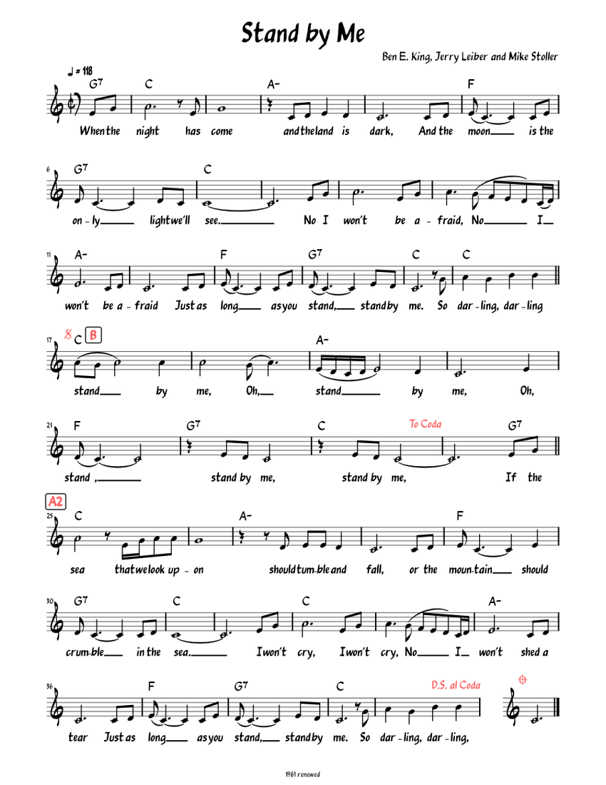 Stand By Me (Lead sheet with lyrics ) Sheet music for Vocals (Solo ...
