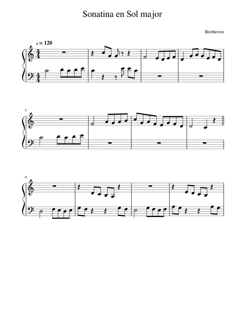 Sonatina en Sol major - Beethoven Sheet Music for Piano (Solo) Easy ...