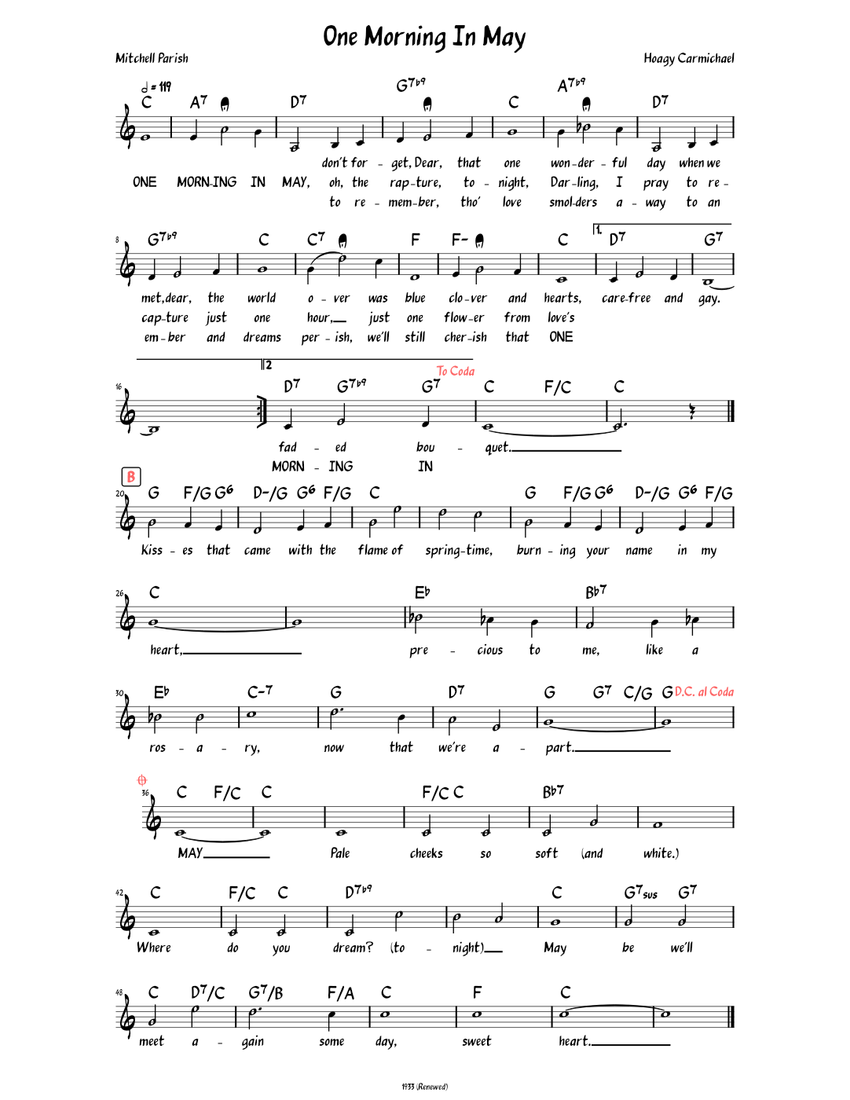 One Morning in May (Lead sheet with lyrics ) Sheet Music with Chords ...