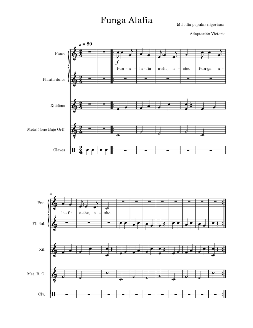 Funga Alafia Sheet music for Piano, Xylophone, Recorder, Claves & more ...