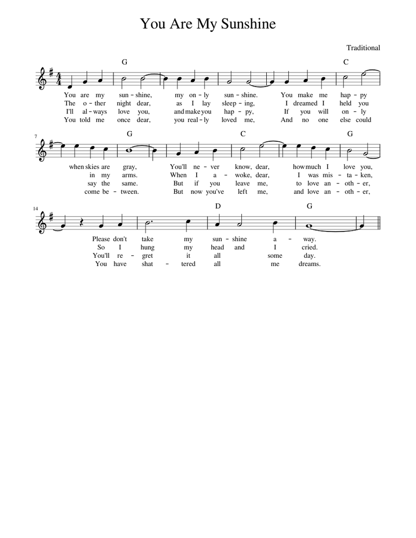 You Are My Sunshine Sheet Music with Chords for Piano (Solo) easy ...
