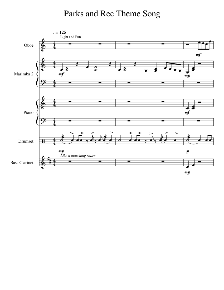 Parks and Rec Theme Song - Quintet Sheet Music for Piano, Oboe ...