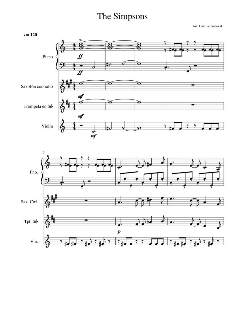 The Simpsons Sheet Music for Piano, Saxophone alto, Trumpet in b-flat ...