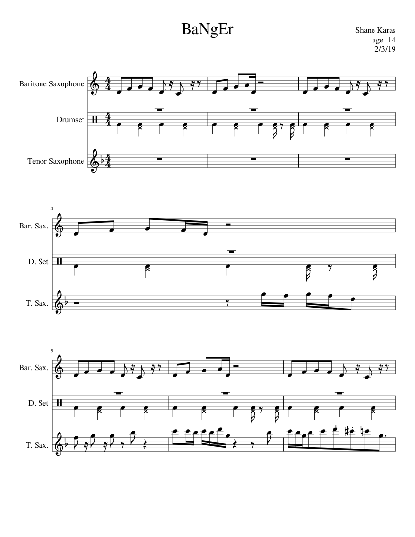 BaNgEr Sheet music for Saxophone tenor, Saxophone baritone, Drum group ...