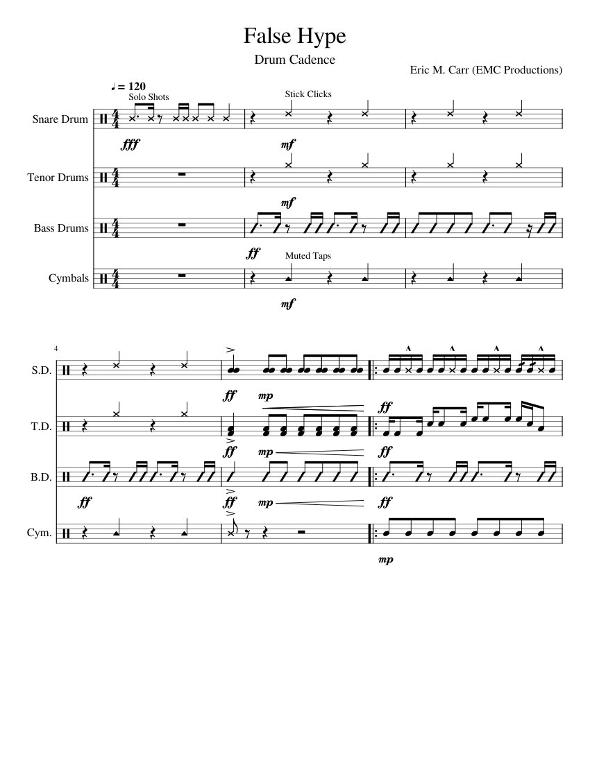 False Hype Sheet Music for Snare drum, Crash, Tenor drum, Bass drum ...