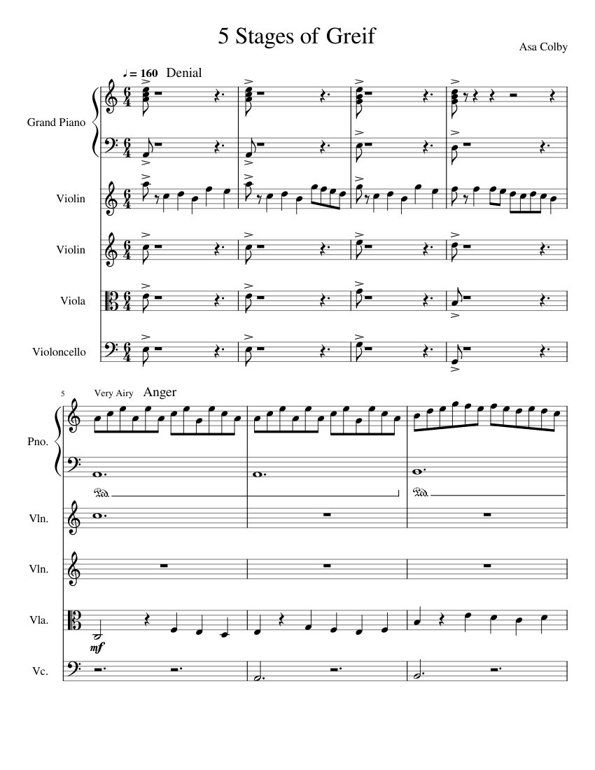The 5 Stages of Grief Sheet Music for Piano, Violin, Viola, Cello ...
