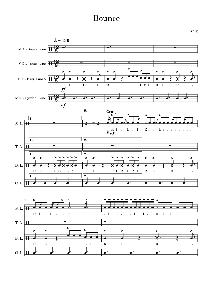 Bounce Sheet music for Snare drum, Crash, Tenor drum, Bass drum (Percussion Ensemble ...