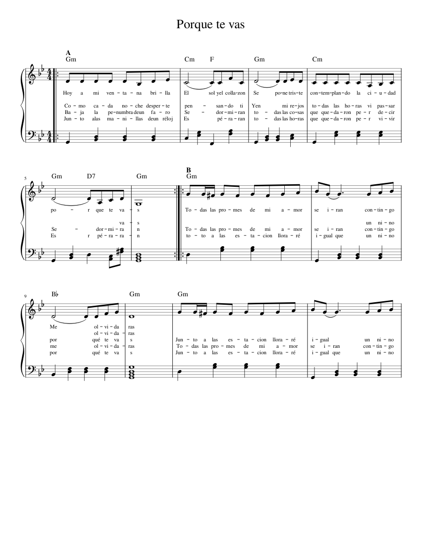 Porqué te vas Sheet Music with Chords for Piano (Solo) easy | MuseScore.com