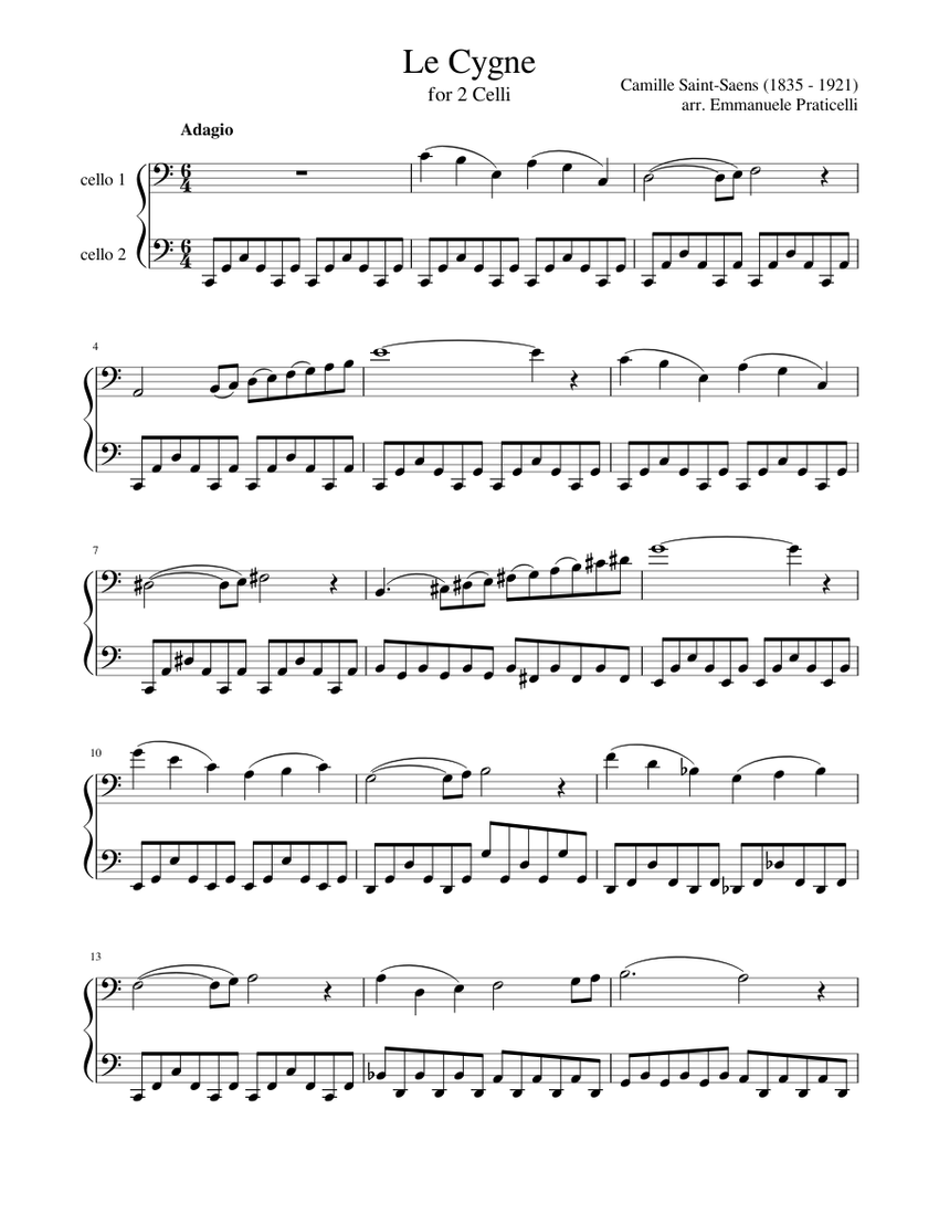Le Cygne The Swan Cello Duet Sheet Music for Cello (String Duet) | MuseScore.com