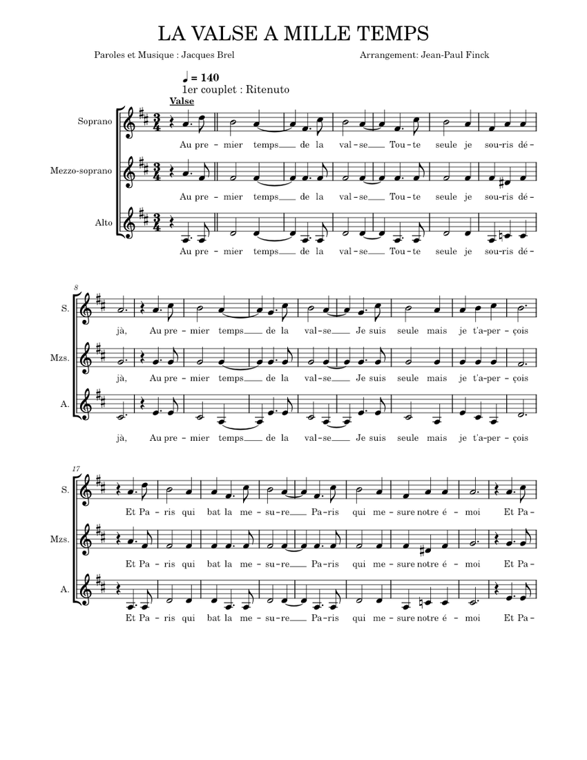 La valse à mille temps – Jacques Brel Sheet Music for Soprano, Alto ...