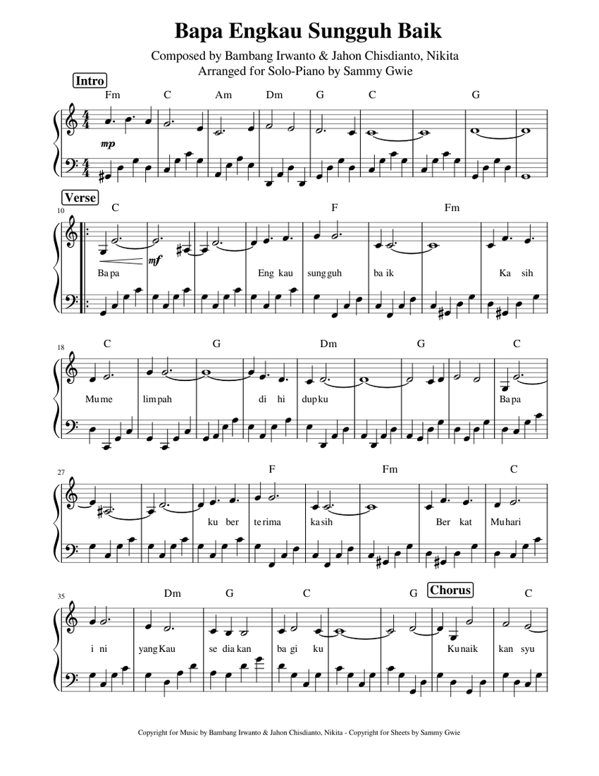 Bapa Engkau Sungguh Baik Sheet Music with Chords for Piano (Solo) easy | MuseScore.com