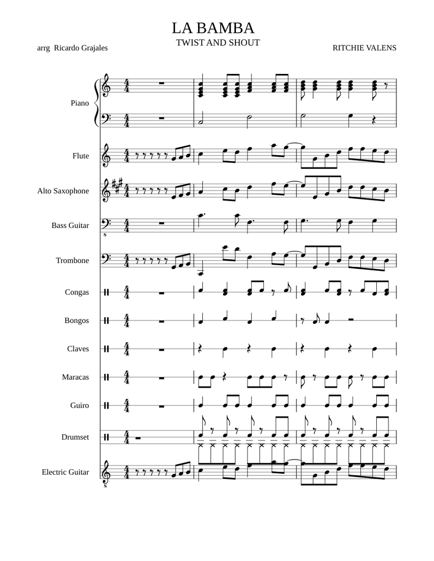 LA BAMBA TWIST AND SHOUT Sheet Music for Piano, Trombone, Flute (Mixed ...