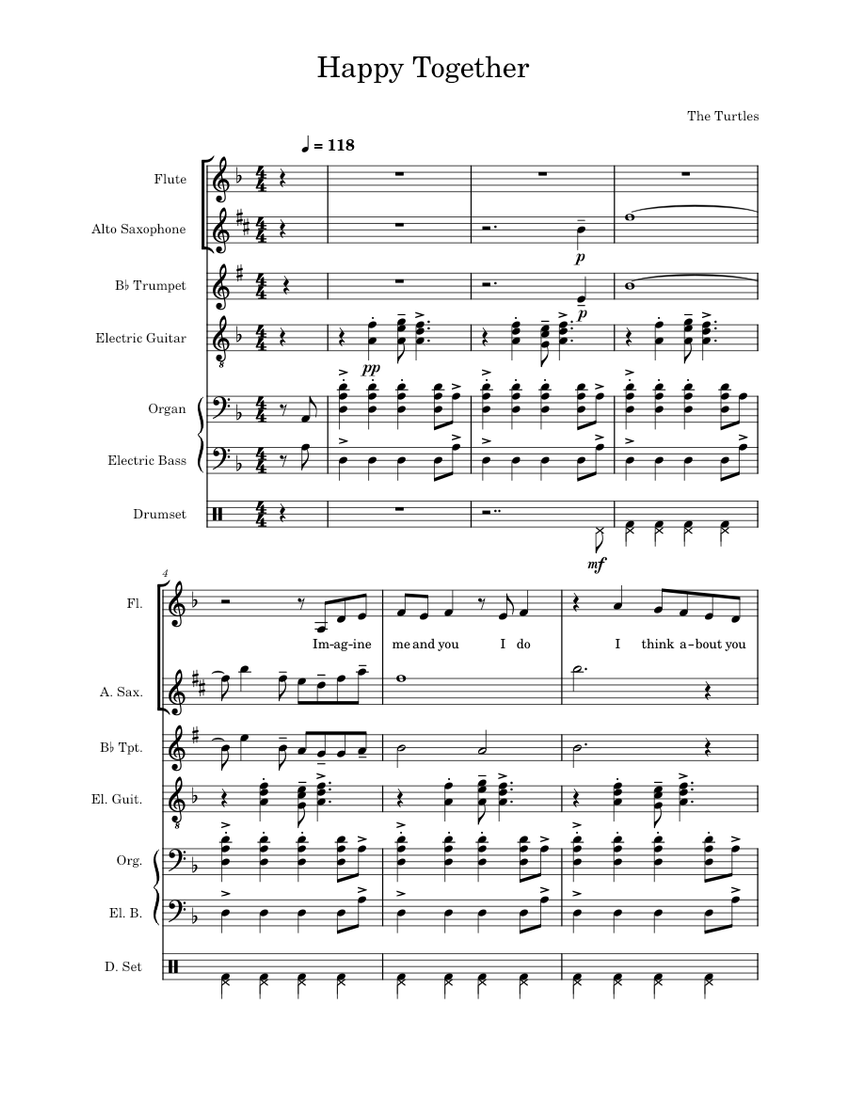 Happy Together Sheet Music for Organ, Flute, Saxophone alto, Trumpet in ...