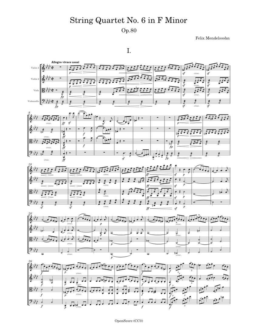 String Quartet No.6, Op.80 – Felix Mendelssohn Sheet music for Violin, Viola, Cello (String ...