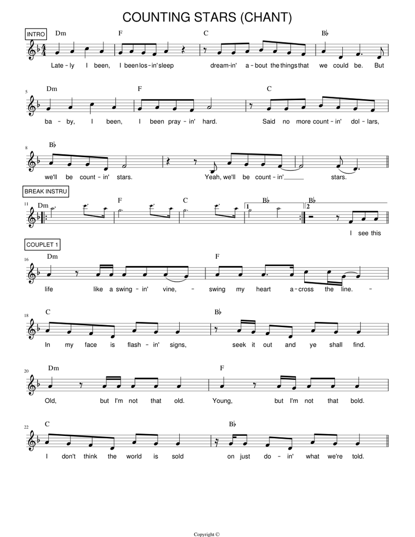 ONE REPUBLIC - COUNTING STARS (Vocal, Chord) Sheet Music for Drum group ...