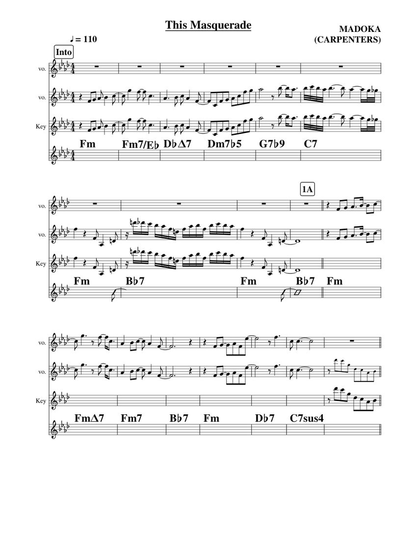 This Masquerade Sheet Music with Chords for Piano (Mixed Quartet ...