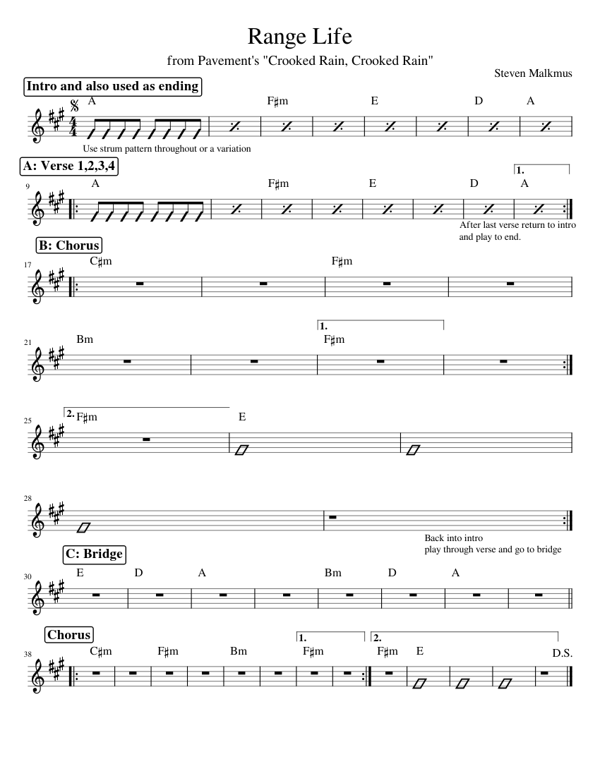 Range Life (Pavement) Sheet Music with Chords for Piano (Solo) easy ...