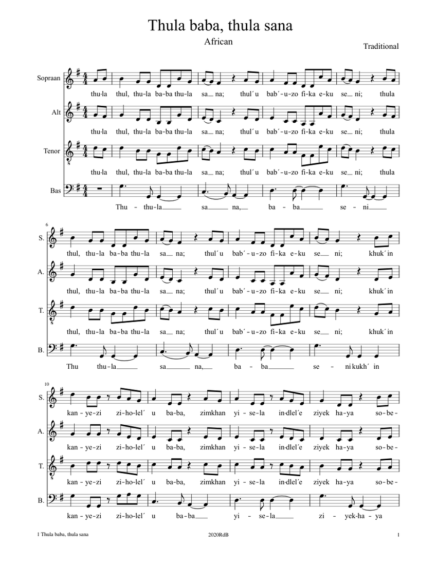 Thula baba, thula sana Sheet Music for Tenor, Drum group (SATB) | MuseScore.com