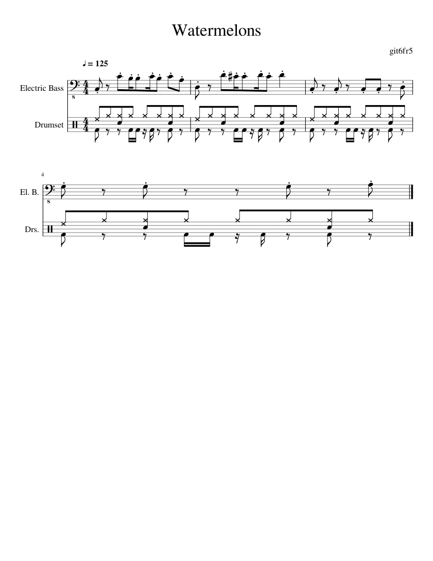 Watermelons Sheet music for Bass guitar, Drum group (Mixed Duet ...